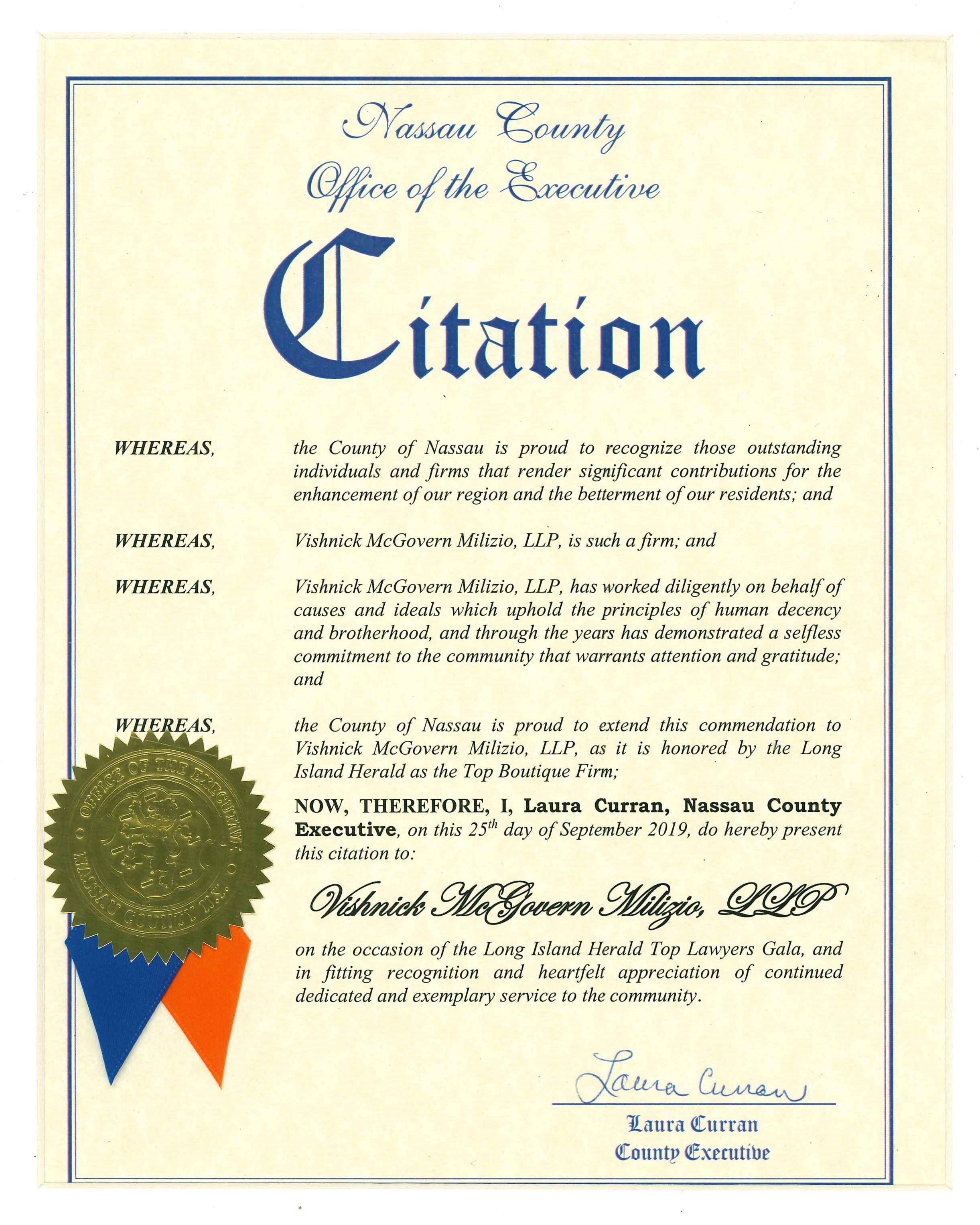 VMM Awarded Citation by Nassau County